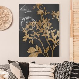 Bilderwelten Leinwandbild Botanik Spruch Goldene Bl&auml;tter auf Mokka II - Leinwanddruck Hochformat - Wandbild S-XXL - moderne Bilder auf Leinwand Flur