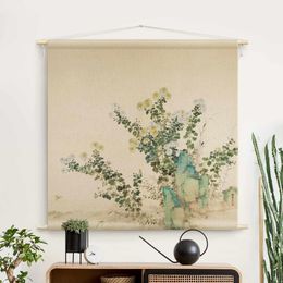 Bilderwelten Wandteppich Asiatische Zeichnung - Blumen Vintage - Wohnzimmer Schlafzimmer Arbeitszimmer - Cotton Canvas Stoffbild Wandbild aus Stoff
