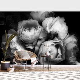 Bilderwelten Blumentapete Fototapete Pfingstrosen vor Schwarz Shabby Schwarz-Wei&szlig; Landhaus,Botanik Rose Wohnzimmer,Schlafzimmer, selbstklebende Vliestapete