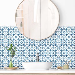 Bilderwelten Wandverkleidung Bad modern Fliesenoptik Ornamente blau - Aquarell Fliesen - Alvor - wasserfest Wandpaneel statt Fliesen
