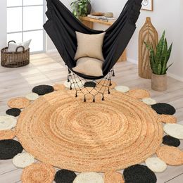 Paco Home Teppich »Viborg 592« rund 13 mm Höhe handgefertigter Natur-Teppich, Jute, Boho, Ethno schwarz Obermaterial: 100% Jute Ø 120 cm 1 Stk.