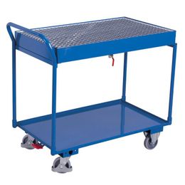 VARIOfit Tischwagen mit 2 Etagen, Gitterrost verzinkt mit Auffangwanne + EasySTOP - Enzianblau