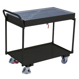 VARIOfit Tischwagen mit 2 Etagen, Gitterrost verzinkt mit Auffangwanne + EasySTOP - Anthrazitgrau