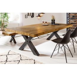 Riess Ambiente Massivholz Esstisch THOR 200cm vintage braun Pinie recycelt Industrial Design Eisen X-Gestell Riess-Ambiente Esszimmertisch rechteckig 8+ Personen