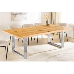 Riess Ambiente Massiver Esstisch WILD OAK 200cm natur silber Wildeiche Baumkante Edelstahl U-Gestell Riess-Ambiente Esszimmertisch 8+ Personen Kufengestell