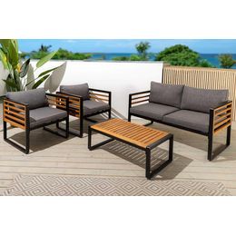 Riess Ambiente Outdoor Garten-Sitzgruppe PURE grau natur Akazie schwarz Metall inkl. Tisch Sitzpolster Riess-Ambiente