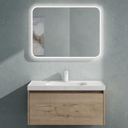 doporro Badezimmerschrank Badm&ouml;belset BxTxH: 60x50X40 mit Soft-Close in Kerneiche inkl. Mineralguss-Waschbecken und LED-Badspiegel Salerno-60cm-Eiche 