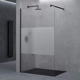 Duschwand Duschtrennwand Walk-In Dusche mit Stabilisator Bremen02MS Schwarz aus Echtglas 10mm ESG-Sicherheitsglas Milchglas-Streifen inkl. Nano-2 x 