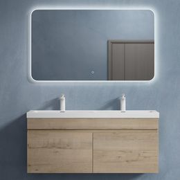 doporro Waschplatz 120x48x55cm inkl. Mineralguss-Waschbecken Badm&ouml;bel-Set Dunkelbraun Waschbecken-Unterschrank Wandmontage-120cm-Eiche Greige-LED-