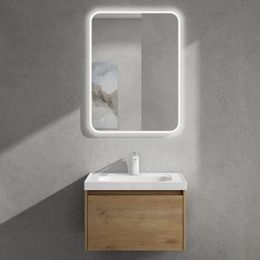 doporro Badezimmerschrank Badm&ouml;belset BxTxH: 60x50X40 mit Soft-Close in Kerneiche inkl. Mineralguss-Waschbecken und LED-Badspiegel Salerno-60cm-