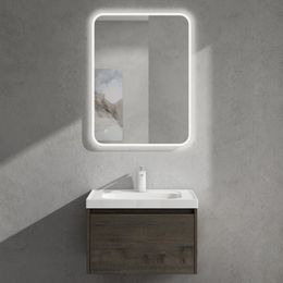 doporro Badezimmerschrank Badm&ouml;belset BxTxH: 60x50X40 mit Soft-Close in Kerneiche inkl. Mineralguss-Waschbecken und LED-Badspiegel Salerno-60cm-Grau 