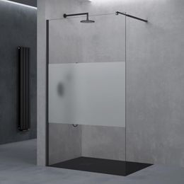Duschwand Duschtrennwand Walk-In Dusche mit Stabilisator Bremen02M schwarz aus Echtglas 10mm ESG-Sicherheitsglas Milchglas-Streifen inkl. Nano-mmbr3-