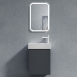doporro Badm&ouml;belset Waschbecken-Unterschrank f&uuml;r G&auml;ste-WC 46cm in Kerneiche Design Waschplatz Wandmontage Pisa-Anthrazit matt-LED-Badspiegel-03 