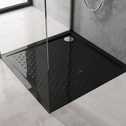 doporro Duschtasse Duschwanne 80x80x4 flach inkl. Ablaufgarnitur mit flexiblem Ablaufschlauch aus Acryl Schwarz mit Anti-Rutsch Profil DIN-Anschl&uuml;sse 