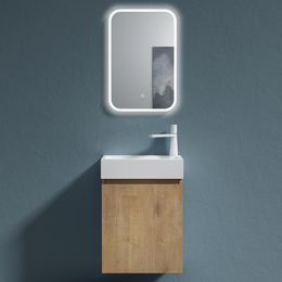 doporro Badm&ouml;belset Waschbecken-Unterschrank f&uuml;r G&auml;ste-WC 46cm in Kerneiche Design Waschplatz Wandmontage Pisa-Kerneiche-LED-Badspiegel-03 40x60cm