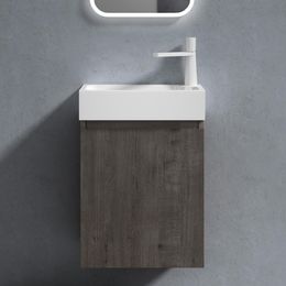 doporro Badm&ouml;belset Waschbecken-Unterschrank f&uuml;r G&auml;ste-WC 46cm in Kerneiche Design Waschplatz Wandmontage Pisa-Grau braun-LED-Badspiegel-03 40x60cm
