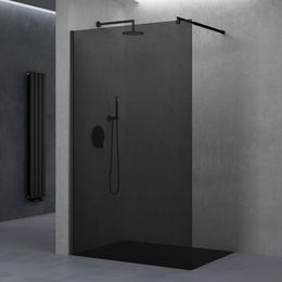 doporro Duschwand Duschtrennwand 100x200 cm Walk-In Dusche aus Echtglas mit schwarzem Stabilisator 10mm ESG-Sicherheitsglas vollgrau inkl. 