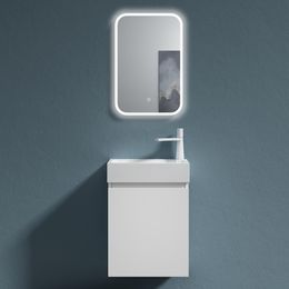 doporro Badm&ouml;belset Waschbecken-Unterschrank f&uuml;r G&auml;ste-WC 46cm in Kerneiche Design Waschplatz Wandmontage Pisa-Matt wei&szlig;-LED-Badspiegel-03 40x60cm