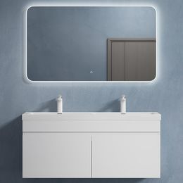 doporro Waschplatz 120x48x55cm inkl. Mineralguss-Waschbecken Badm&ouml;bel-Set Dunkelbraun Waschbecken-Unterschrank Wandmontage-120cm-Matt wei&szlig;-LED-