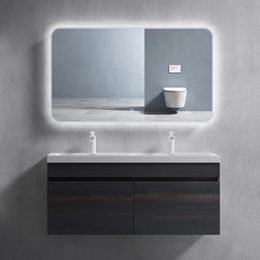 doporro Waschplatz 120x48x55cm inkl. Mineralguss-Waschbecken Badm&ouml;bel-Set Dunkelbraun Waschbecken-Unterschrank Wandmontage-120cm-Dunkelbraun-LED-