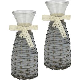 Dekovase I.GE.A. "Glasvase", grau, klar, B:9cm H:21cm, Glas, Vasen, 2er Set mit Weidekorb und Spitze Rattangeflecht Vintage Blumenvase
