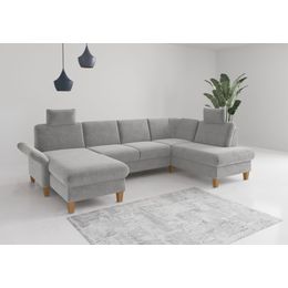 Wohnlandschaft Home Affaire "Rochelle, U-Form", grau (hellgrau), B:314cm H:90cm T:195cm, 100% Polyester, Sofas, Wohnlandschaft, optional mit Armteilverstellung, mit Bettfunktion & Bettkasten