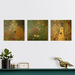 Bilderwelten 3-teiliges Leinwandbild Kunstdruck Gustav Klimt - Im Garten - Bilder auf Leinwand Kunstdruck - XXL mehrteilig