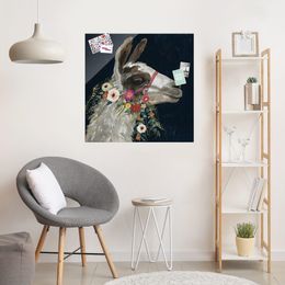 Glasbild Lama mit Blumenschmuck I