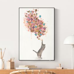 Akustik-Wechselbild Illustration Katze mit bunten Schmetterlingen Malerei