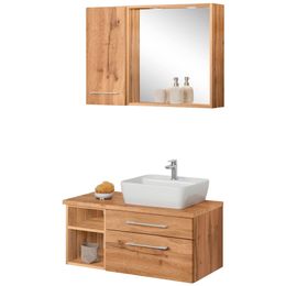 Badmöbel-Set Welltime "Davos", braun (eichefarben), Becken rechts, Kastenmöbel-Sets, Waschplatz, Hängeschrank und Bad-Spiegel