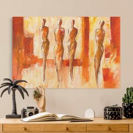 Bilderwelten Leinwandbild Gold Vier Figuren in Orange - Wandbilder XXL Print Abstrakt Kunstdruck Portrait Wohnzimmer Schlafzimmer Bad Badezimmer K&uuml;che Flur