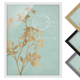 Blumen Bild mit Rahmen Goldene Bl&auml;tter auf Turquoise I