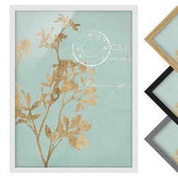 Blumen Bild mit Rahmen Goldene Bl&auml;tter auf Turquoise I