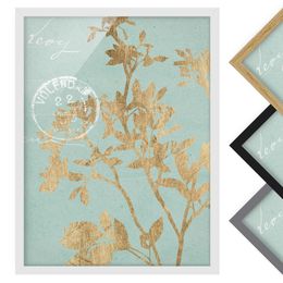 Blumen Bild mit Rahmen Goldene Bl&auml;tter auf Turquoise II