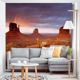 Fototapete Monument Valley bei Sonnenuntergang - Vliestapete nach Ma&szlig; Natur Wohnzimmer Schlafzimmer Bad Badezimmer K&uuml;che Flur Esszimmer Orange