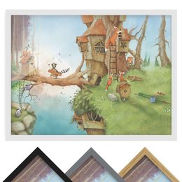 Kinderzimmer Bild mit Rahmen Wassili Waschb&auml;r - Wassili und Familie Fuchs