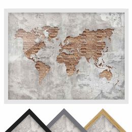 Weltkarten Bild mit Rahmen Shabby Beton Backstein Weltkarte