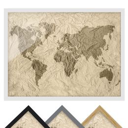 Weltkarten Bild mit Rahmen Papier Weltkarte Beige Braun