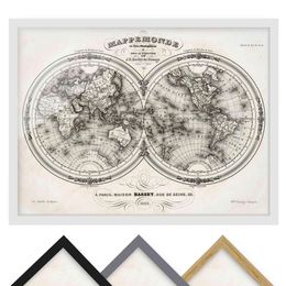 Weltkarten Bild mit Rahmen Weltkarte - Franz&ouml;sische Karte der Hemissph&auml;ren von 1848
