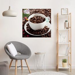 Glasbild K&uuml;che Kaffeetasse mit ger&ouml;steten Kaffeebohnen