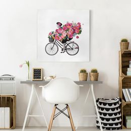 Leinwandbild Illustration Frau auf Fahrrad Collage bunte Blumen