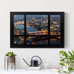 Akustik-Wechselbild Fensterblick auf Londons Skyline mit Br&uuml;cken