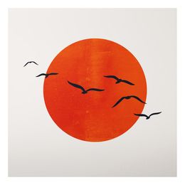 Bilderwelten Alu Dibond Outdoor Bild Natur rot modern Aquarell - Vogelschwarm vor roter Sonne I - Sonnenuntergang Wohnzimmer Schlafzimmer