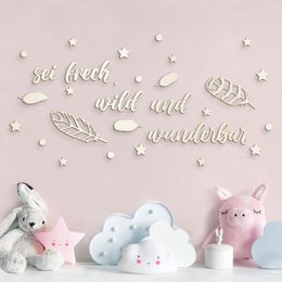 Bilderwelten Wanddeko Holz 3D-Schriftzug Sei frech wild und wunderbar mit Federn
