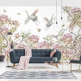 Bilderwelten Fototapete Tiere Aquarell St&ouml;rche im Flug mit Rosen V&ouml;gel Natur Blumen Bl&uuml;ten Wohnzimmer Wandtapete nach Ma&szlig; selbstklebende Vliestapete