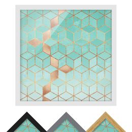Bild mit Rahmen T&uuml;rkis Wei&szlig; goldene Geometrie