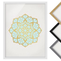 Bild mit Rahmen Mandala Illustration Bl&uuml;te hellblau gold