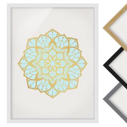 Bild mit Rahmen Mandala Illustration Bl&uuml;te hellblau gold