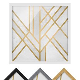 Bild mit Rahmen Art Deco Geometrie Wei&szlig; Gold
