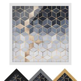 Bild mit Rahmen Blau Wei&szlig; goldene Geometrie